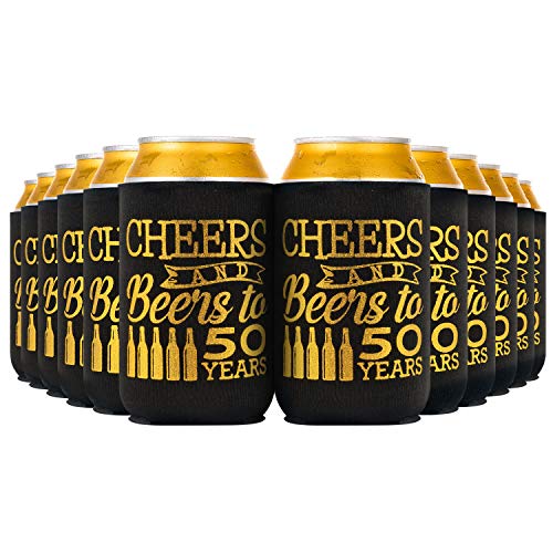 Crisky 50th Birthday Can Cooler, Black Gold Cheers to 50 Years Birthday Decoration Party Favor Can Covers, 12-Ounce Neoprene Coolers for Soda, Can Beverage, 12 Count