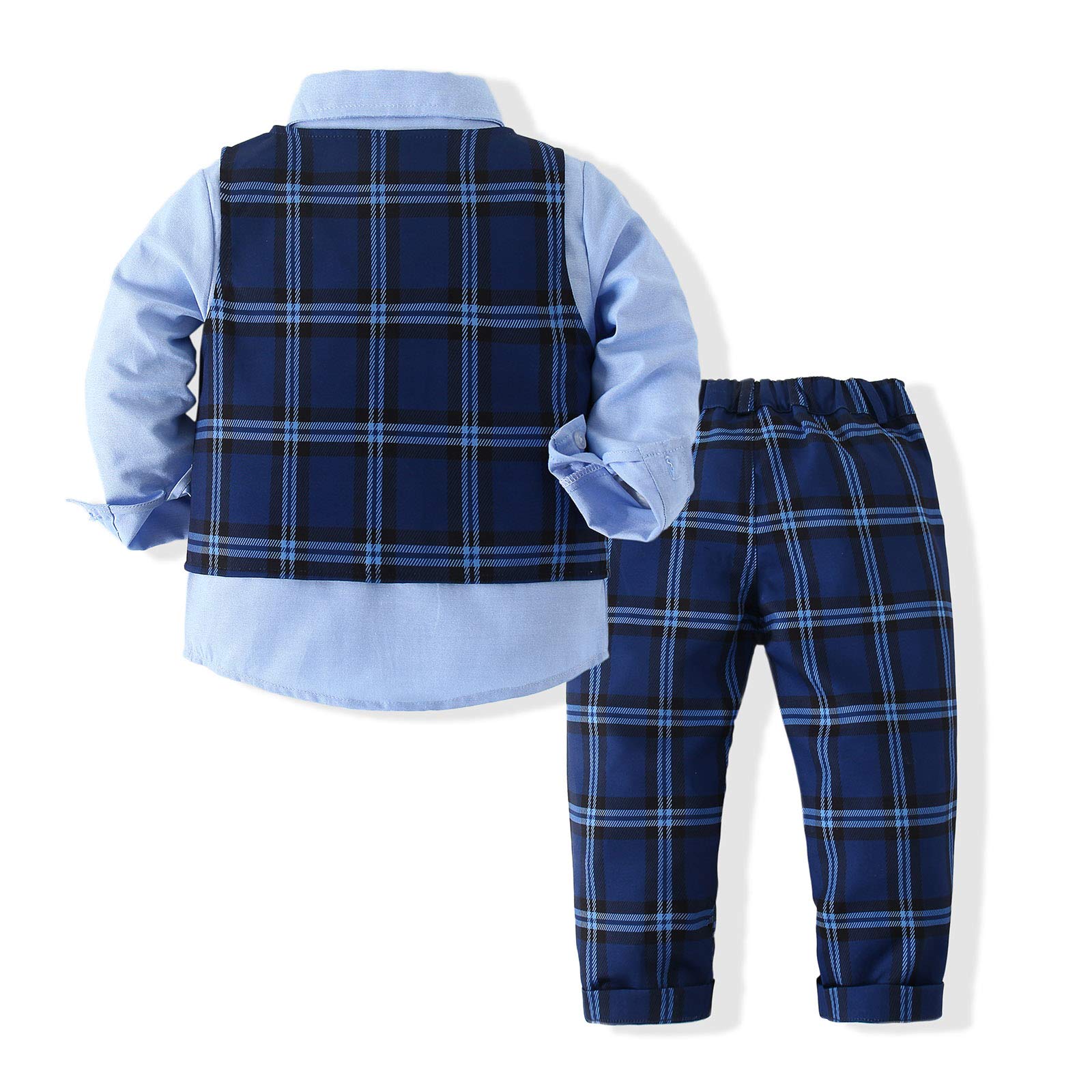 Kimocat Boys’ Plaid Button Down Polyester Casual Dress Shirt Slim Fit +Vest+Pant Outfits (Blue, 1-2T)