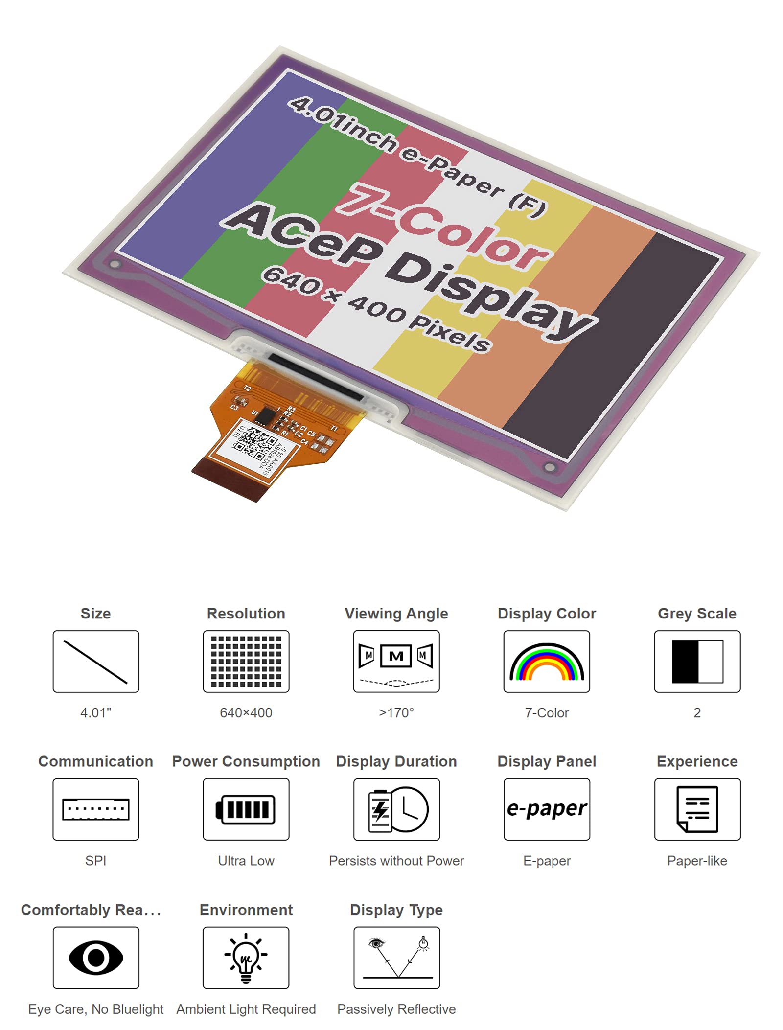 waveshare 4.01 inch Colorful E-Paper E-Ink Display 640×400 ACeP 7-Color eink Raw Display 3.3V Advanced Color ePaper Screen Without PCB, SPI Interface