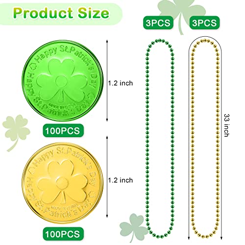 307 Pcs St Patrick's Day Black Candy Cauldron Kettle with Handle Set Shamrock Leprechaun Coin Gold and Green Gem Clover Necklace Lucky Plastic Jewelry Treasure Pot for Saint Patty's Day Party Decor