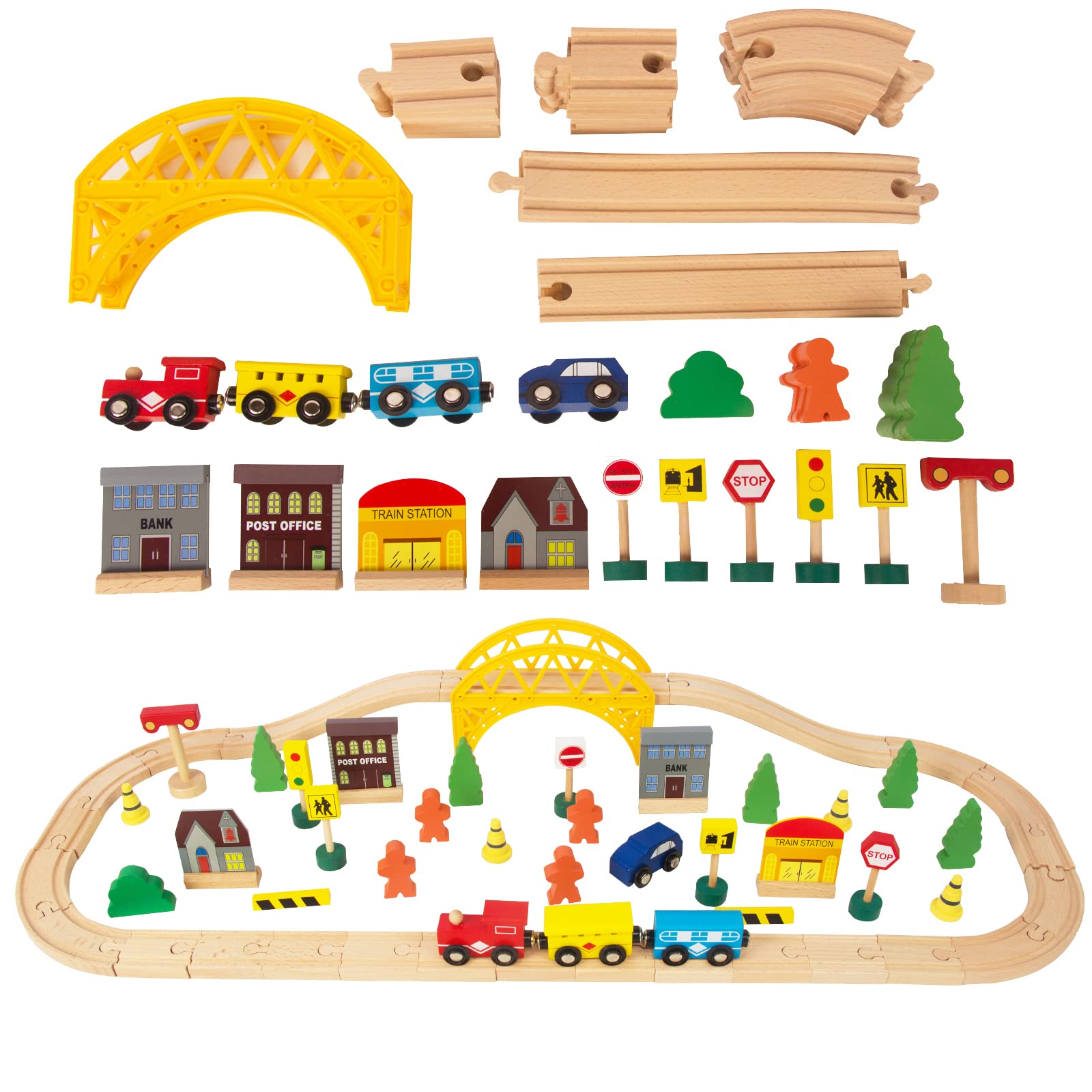 60Pcs Train Set for 3 Year Old Boys, Double-Side Wooden Train Set Tracks for Toddlers, Fits Brio, Thomas, Melissa and Doug, Kids Wood Train Toys for 3 4 5 Year Old Boys and Girls (Gray)