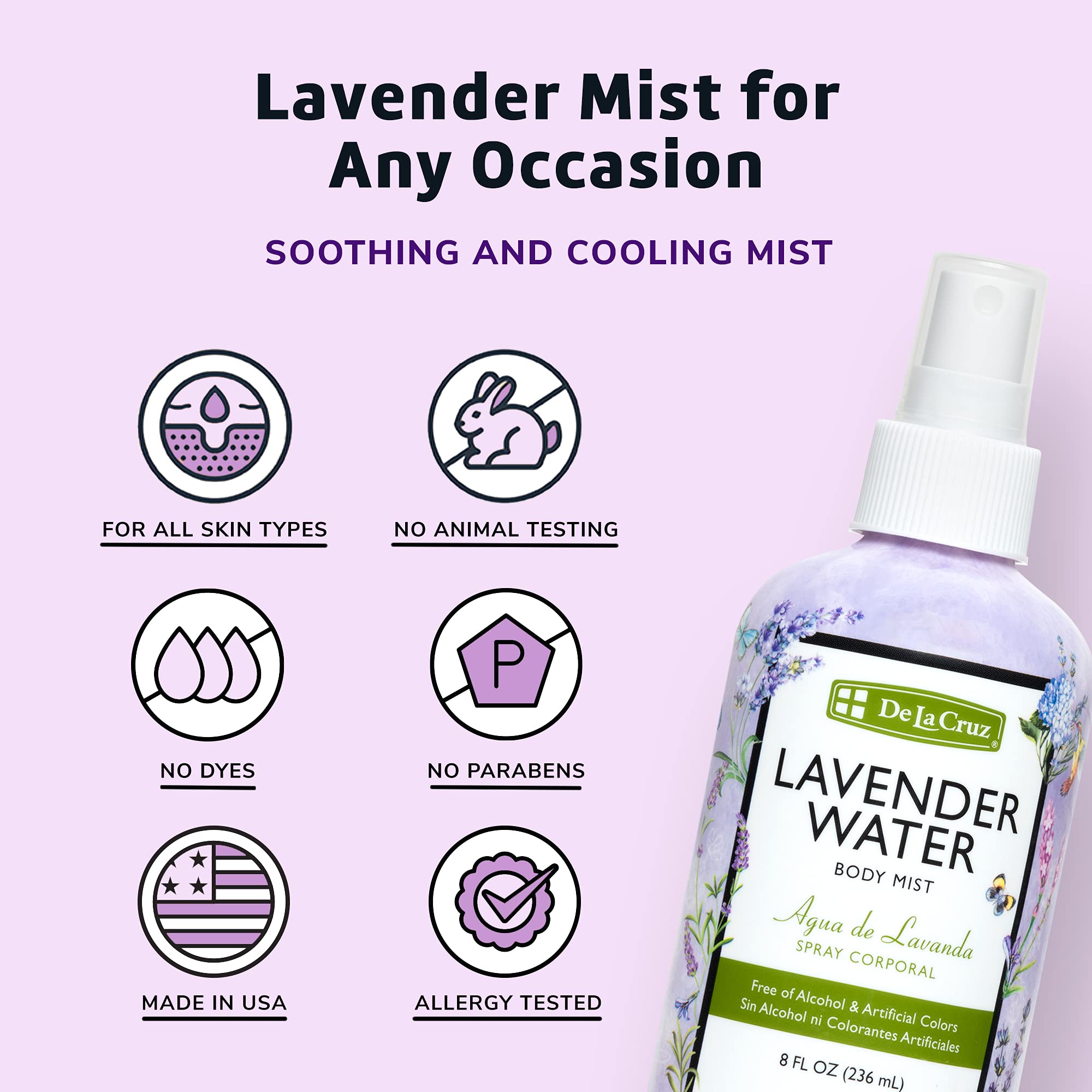 De La Cruz Lavender Water Body Mist - Lavender Spray body mist With Pure Lavender Essential Oil 8 fl oz (236 mL)