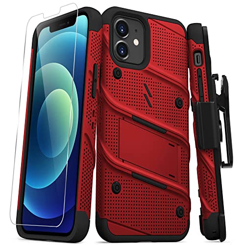 ZIZO Bolt Series for iPhone 12 / iPhone 12 Pro Case with Screen Protector Kickstand Holster Lanyard - Red & Black