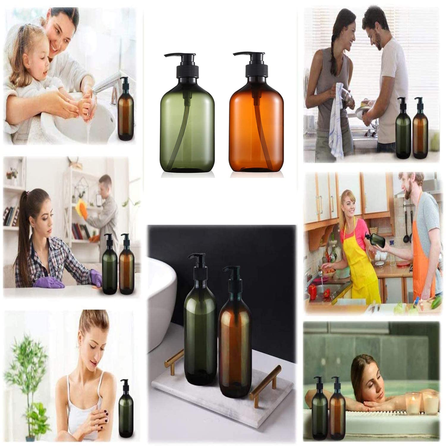 17 Ounce Plastic Hand Soap Bottles with Pump, Refillable Dispenser Bottle for Kitchen and Bathroom, Amber and Green, 2 Pcs