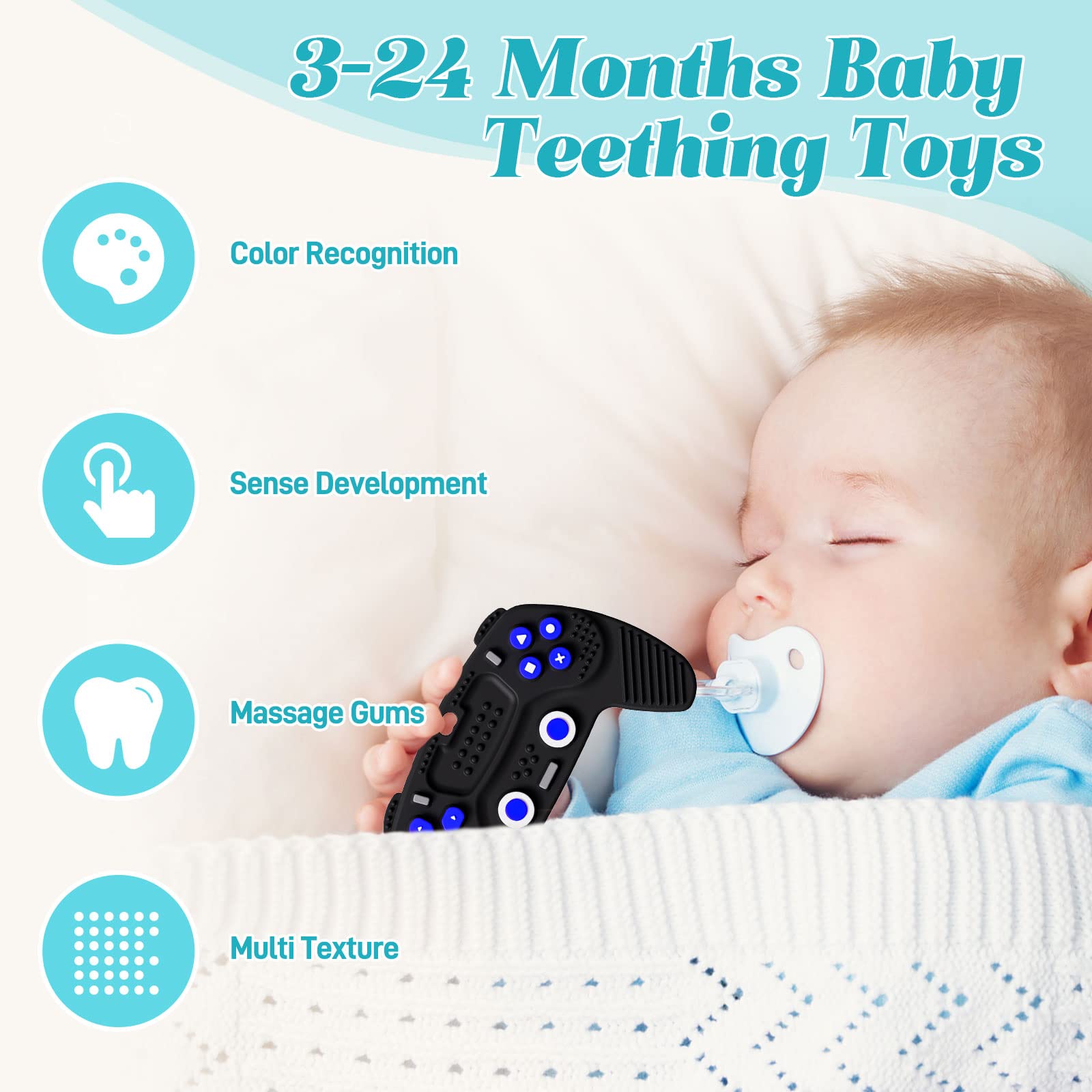 2-Pack Silicone Remote Control Game Pad Baby Teether Toys, Teething Toys for Toddler, Chew Toy for Baby 6-12 Months, Sensory Press Toy (Black + Black)