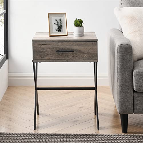 Walker Edison Metal Wood Small Side End Beside Table 1 Drawer X Leg Living Room Accent Table, 18 Inch, Grey Wash