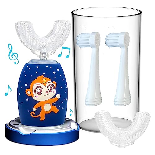 Sunartec Kids Musical U Shaped Toothbrush, Ultrasonic Electric Toothbrushes for Kids 2 Brushing Modes and 1 Gums Care 360° Sonic Toothbrushes for Child 4 Brushheads (Purple and Blue Random)