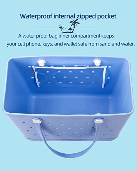 angilifan X Large Rubber Waterproof Beach Tote Bag, Durable Open Tote Travel Bag, Washable Anti-Tip Durable Beach Storage Basket Hole Open Tote Bag for Gym Beach Pool Travel