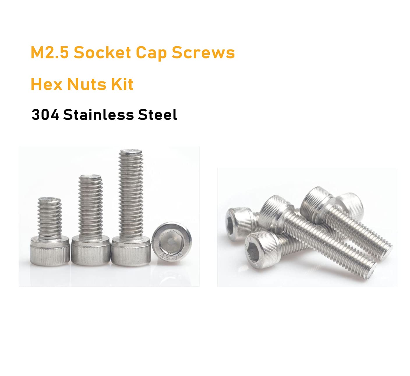 binifiMux 190pcs M2.5 Hex Socket Cap Screws and M2.5 Hex Nuts Assortment Kit with Wrench, 304 Stainless Steel Silver Tone
