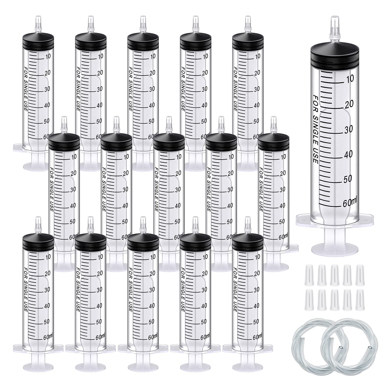 15Pack 60ml Plastic Syringe Sterile Individually Wrapped with Tip Cap & Soft Tube, Measurement and Dispensing Syringe Tools for Science,Refilling,Feeding, Oil or Glue Applicator(60ml, 15)