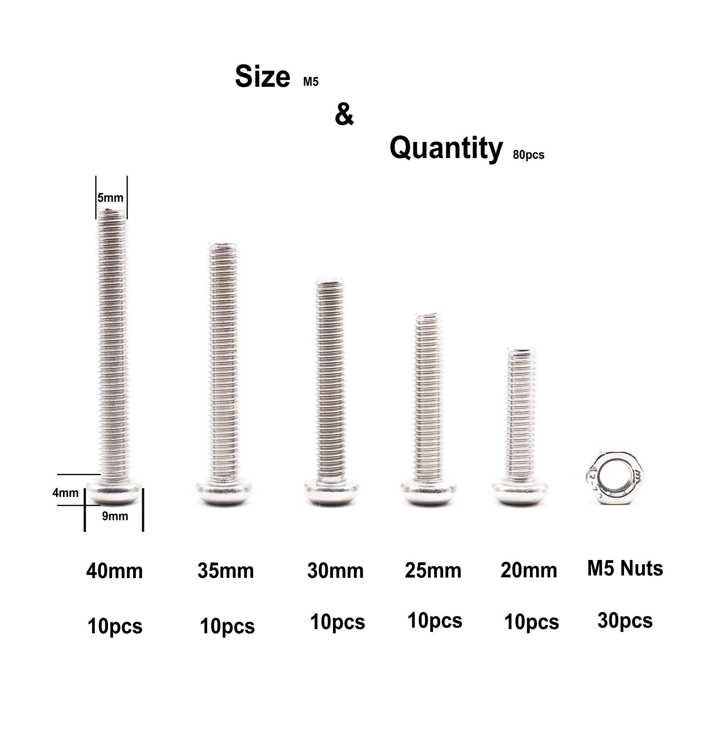 binifiMux 80 Pieces M5 Round Pan Head Phillips Machine Screws and Hex Nuts Assortment Kit, 20mm /25mm /30mm /35/mm /40mm,304 Stainless Steel