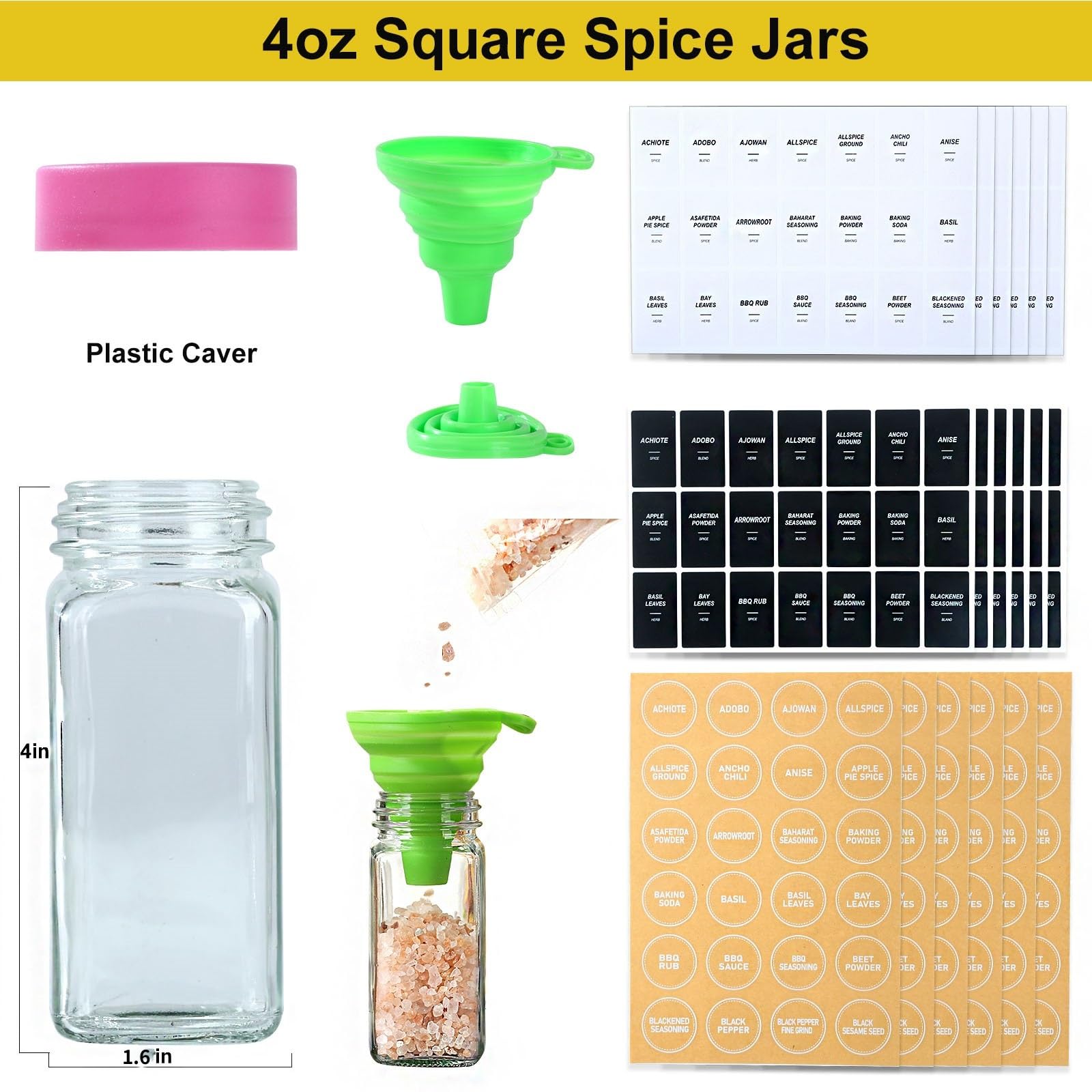 24 Glass Spice Jars with Label-4oz Spice Containers with Lids and Shaker Lids,3 Sets of Spice Labels 1 Collapsible Funnel 2 Erasable Markers (24)