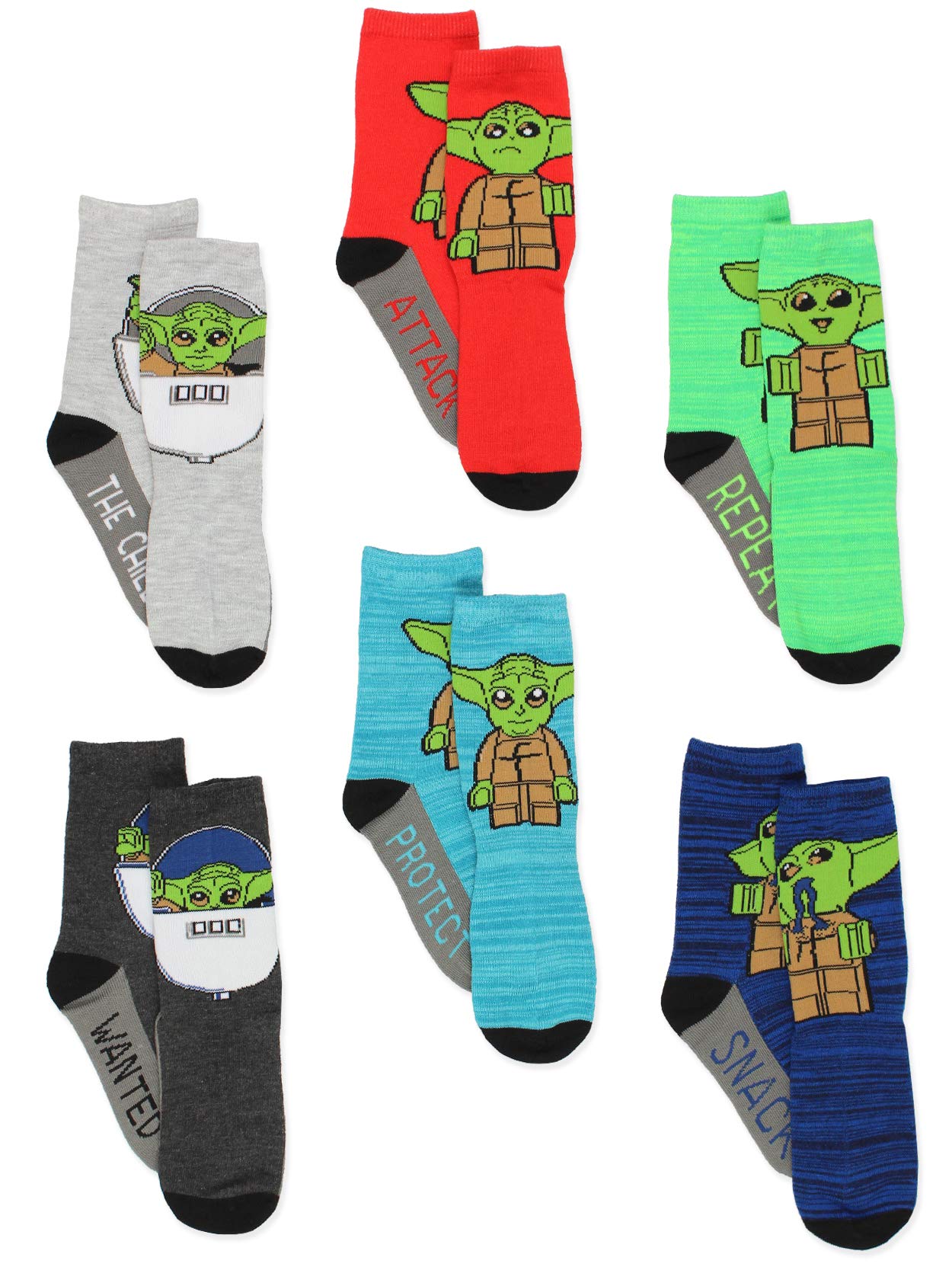 LEGO Star Wars Baby Yoda Kids Toddler 6 pack Crew Socks Set (Medium (6-8), Multi)