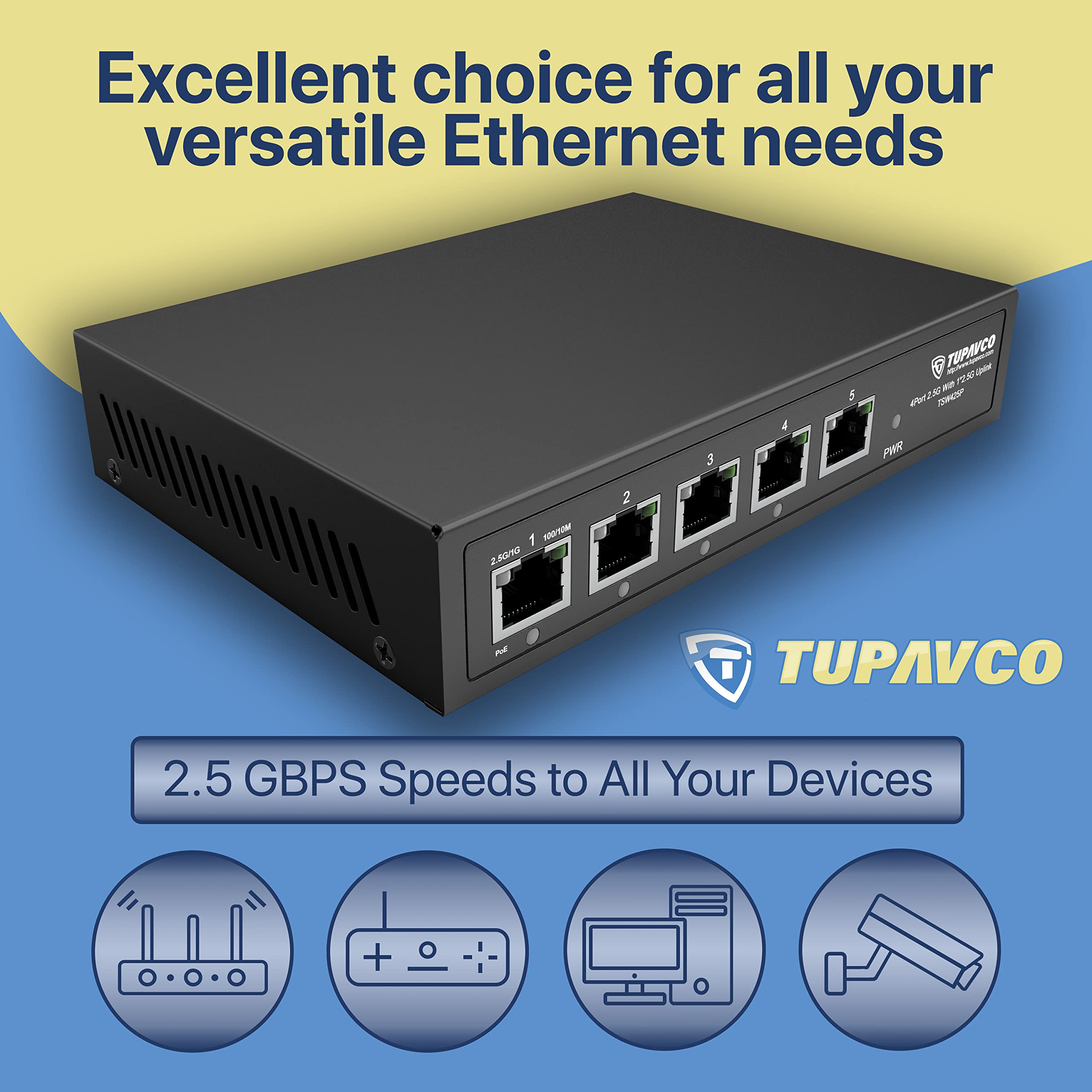2.5GB Switch (5 Port) for Ethernet Network - High Speed 10M/100M/1G/2.5G Gigabit (802.3bz) - Unmanaged Plug & Play Fanless LAN Splitter - Metal Case - Wall Mountable - Tupavco TP1940