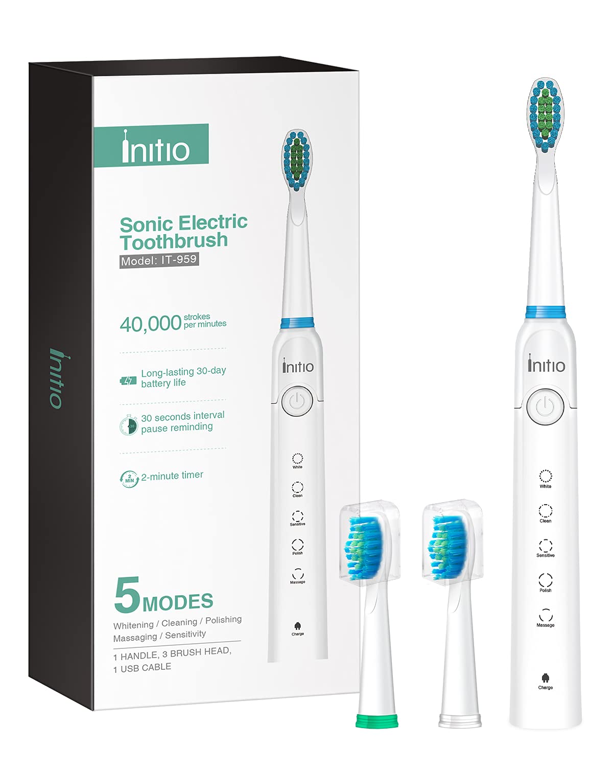 Initio Sonic Electric Toothbrush for Adults, Rechargeable Toothbrush with Smart Timer, 5 Modes, 3 Brush Heads, 40,000 VPM Motor, Whitening Power Toothbrush, IT959 (White)