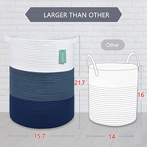 BOSROTY Extra Large Blanket Basket, Tall Laundry Basket, Laundry Hamper, Large Storage Basket, 15.7βx 21.7β,Cotton Rope Basket, Woven Basket, Toy Basket, Clothes Baskets, White&Cadet Blue&Navy Blue