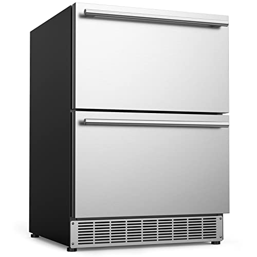 24 Inch Outdoor Drawer Fridge, Under Counter Double Drawer Beverage Refrigerator, 4.9 Cu.Ft. Weather Proof IPX4 Stainless Steel Auto Defrost 34-65℉ Built-in Fridge, ETL & DOE Approved