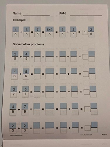 Channie’s One Page A Day Workbook, Beginner Single Digit Fraction Math Practice Worksheets, 50 Pages Front & Back, 25 Sheets, Grades 3rd, 4th, and 5th, Size 8.5” x 11” Summer School, Summer Bridge