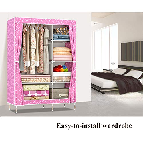 ZZBIQS Clothing Closet Wardrobe, Portable Non-Woven Fabric Garment Clothes Wardrobe Storage Organizer Shelf Rack, DIY Armoire Storage with Hanging Rod(Pink, Dots)