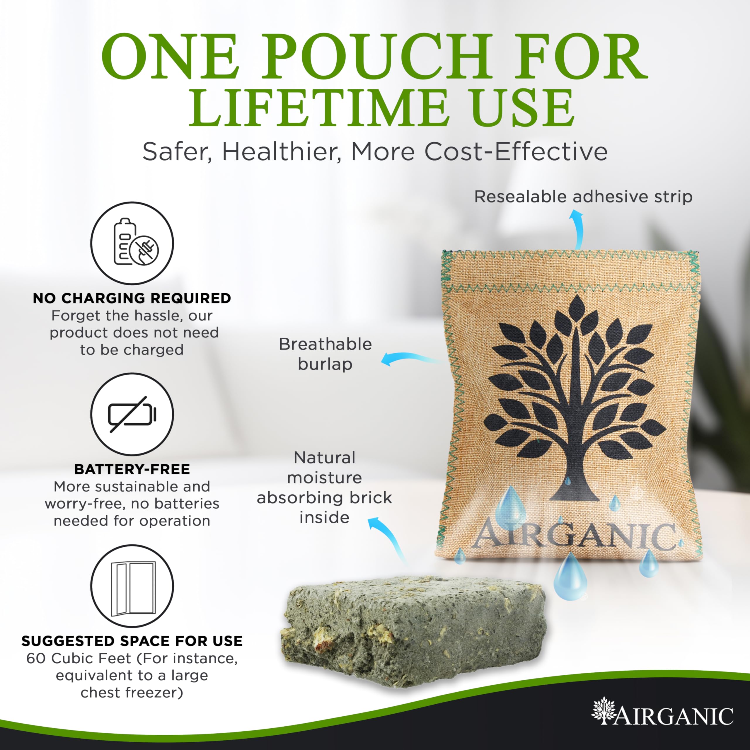 Airganic Moisture Absorbers, Safe Dehumidifier - USA-Made & All Natural from Minerals - Reusable Dessicant, Safe Accessory, Car Dehumidifier, Closet Dehumidifier - Kid & Pet Friendly (1 Pack)