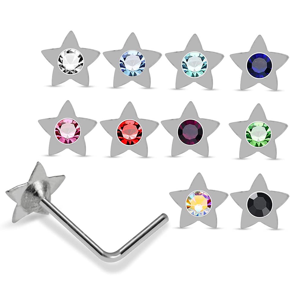20 Pieces Box Set of Jeweled Star Top Sterling Silver L Bend Nose Stud Jewelry