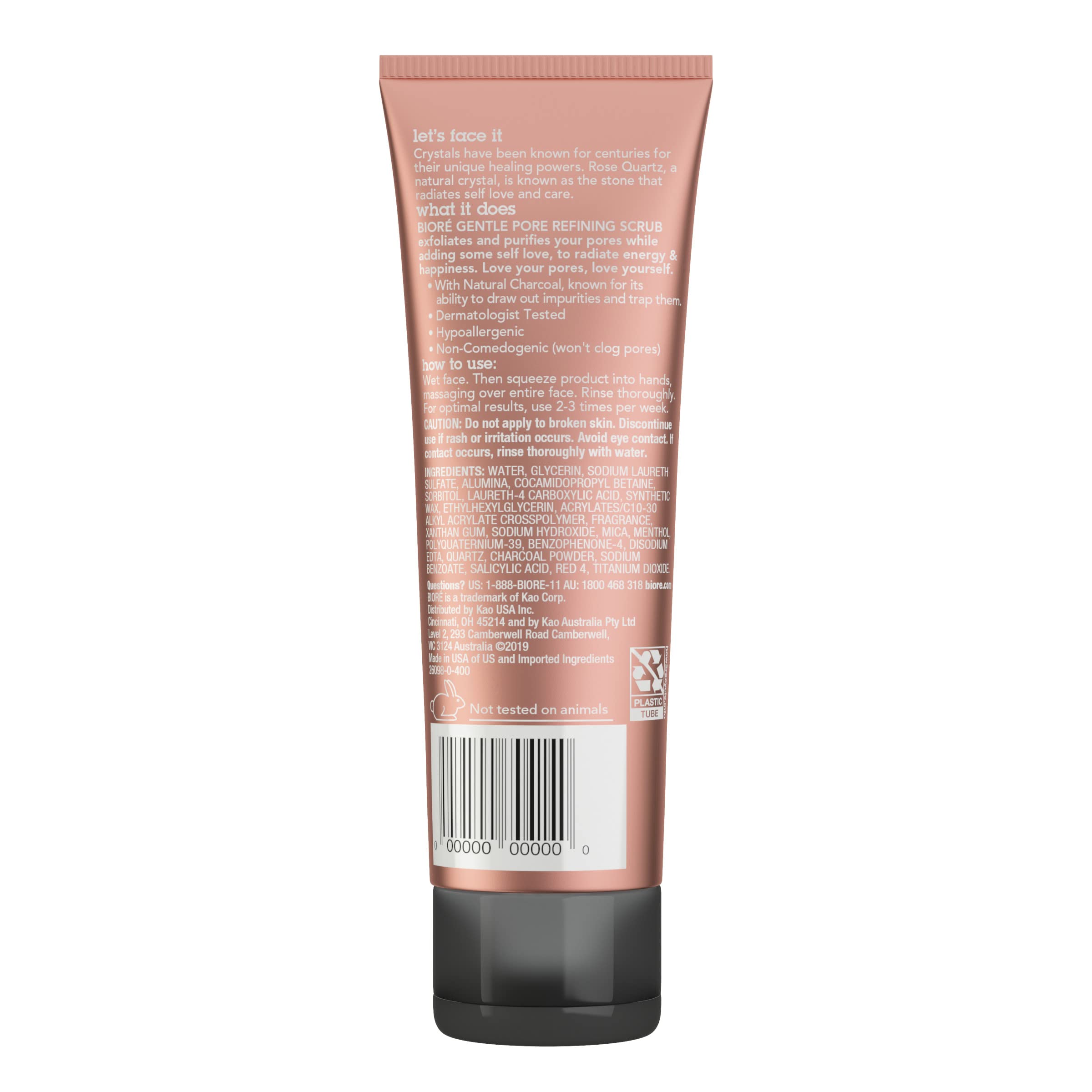 Bioré Rose Quartz + Charcoal Gentle Pore Refining Scrub, Pore Minimizing Facial Scrub, 4 Ounce, Oil Free, Dermatologist Tested, Non-Comedogenic, Cruelty Free, Vegan Friendly