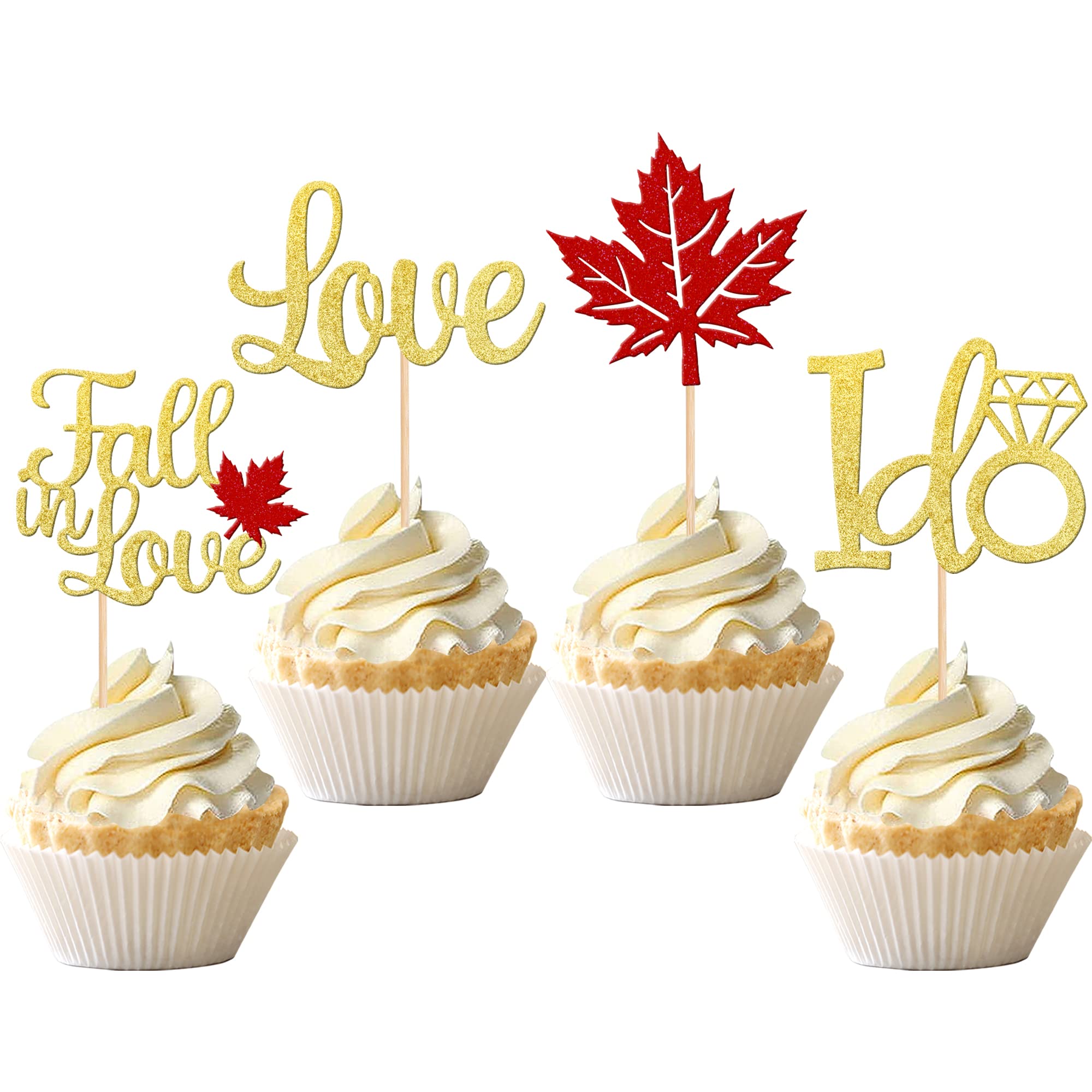 24 PCS Fall in Love Cupcake Toppers Glitter Maple Leaves Love I Do Cupcake Picks Fall Theme Wedding Cake Decorations for Bridal Shower Engagement Thanksgiving Birthday Party Supplies