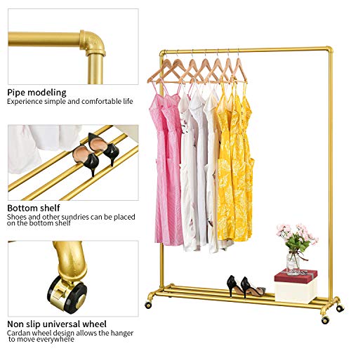 BOSURU Industrial Pipe Rolling Clothing Rack Garment Rack with Wheels Retail Display Clothes Racks Perfect for Laundry Rooms Bedrooms or Boutiques Gold