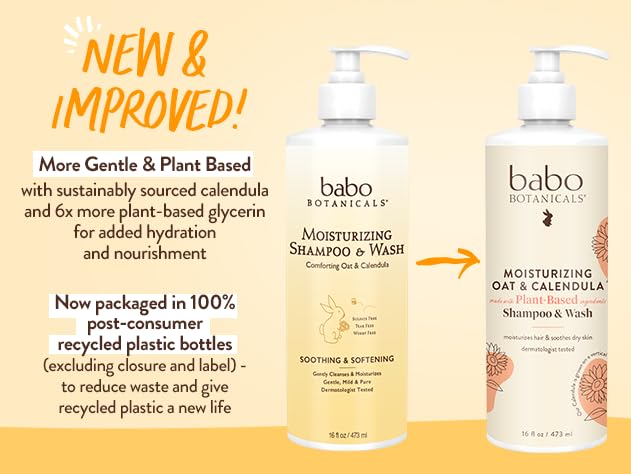 Babo Botanicals Moisturizing Oat & Calendula 2-in-1 Shampoo & Wash - For Dry or Sensitive Skin - For all ages - Lightly Scented - Vegan - 16 Fl Oz