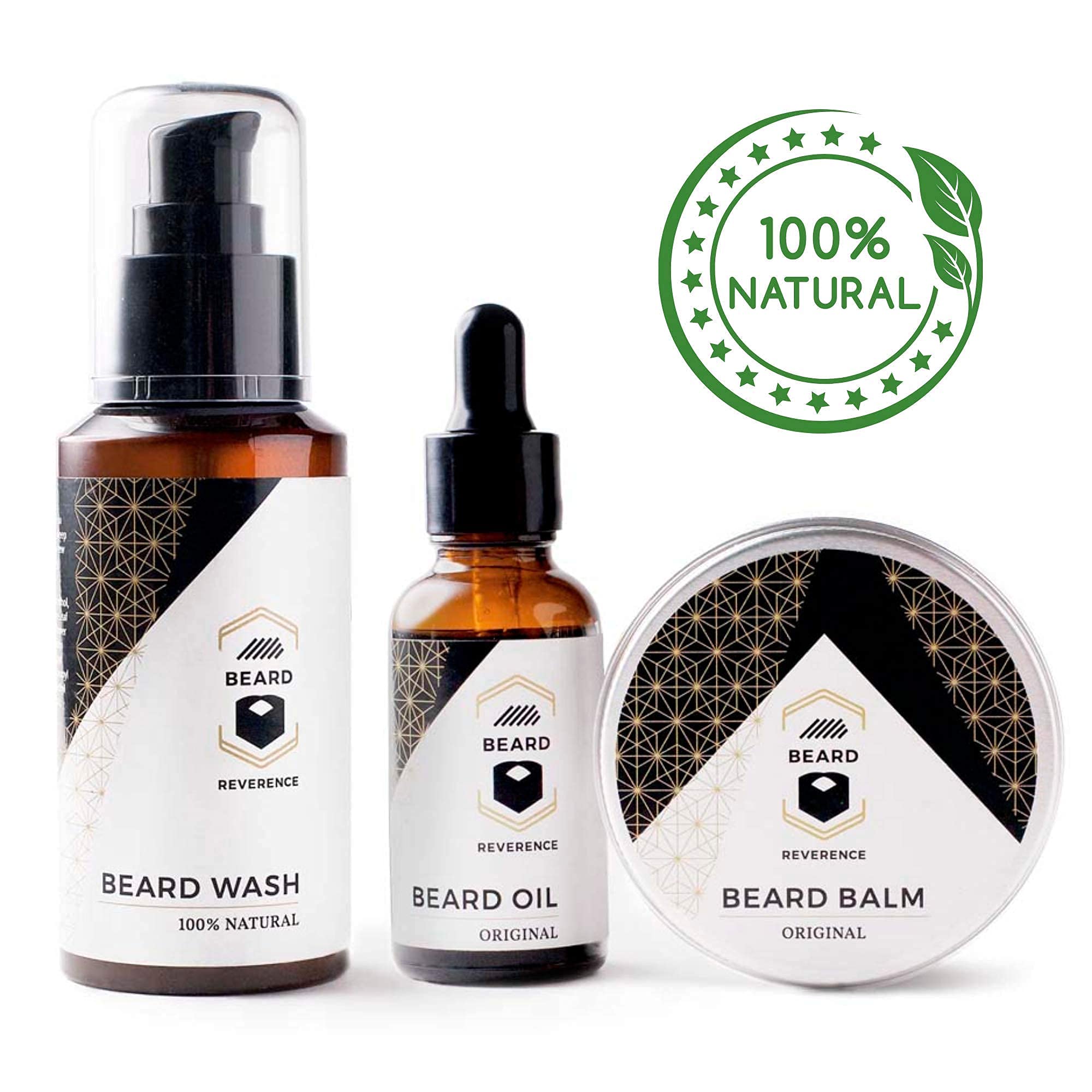 Beard Reverence Premium Beard Grooming Kit for Men Care w/Upgraded Travel Bag – All-Natural Beard Oil, Beard Balm Butter Wax, Beard Wash, Scissors, Comb, Boar Bristle Brush with Gift Set Box