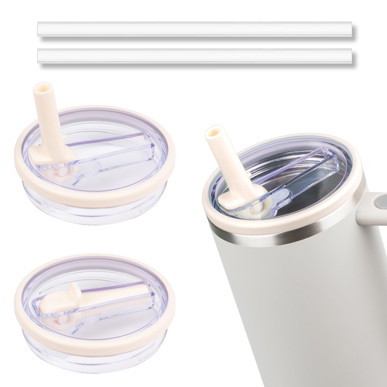40 oz Tumbler Flip Straw Lid Compatible with Stanley Cup 40oz Tumbler Tumbler Cover Compatible with Stanley Cup Quencher (Cream White, 2 Pack)
