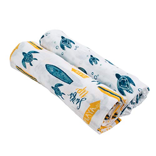 Bebe au Lait Oh So Soft Muslin Swaddle Blanket Set, Soft Muslin Design, Stylish Pattern - Surf and Sea Turtles , 47x47 Inch (Pack of 2)