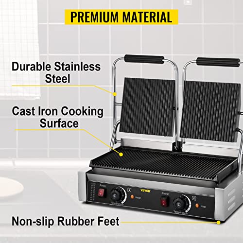 Happybuy 110V Commercial Sandwich Panini Press Grill 2X1800W Temperature Control 122°F-572°F Commercial Panini Grill for Hamburgers Steaks Bacons (Double Grooved Plates)