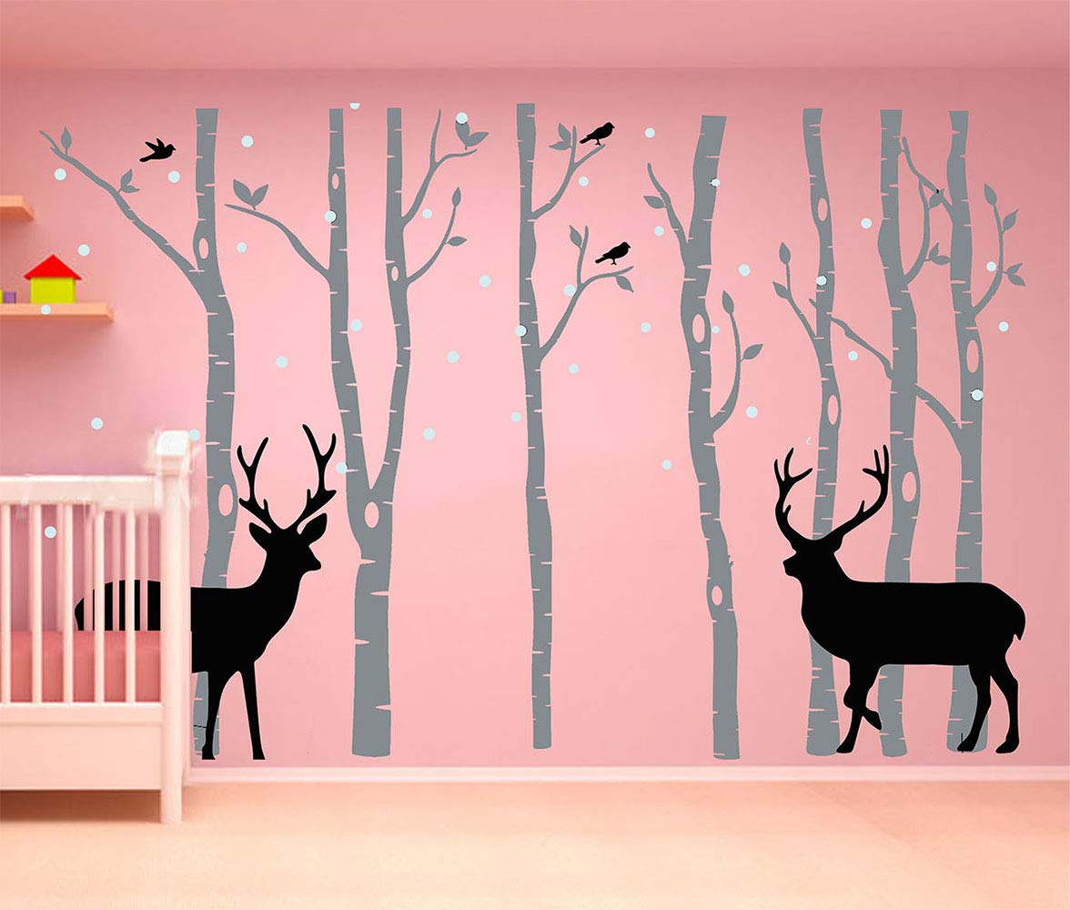Birch Tree Deer Wall Decal Nursery Forest Removable Birch Trees Vinyl Sticker for Kids Bedroom Decor Nursery Bedroom (Grey)