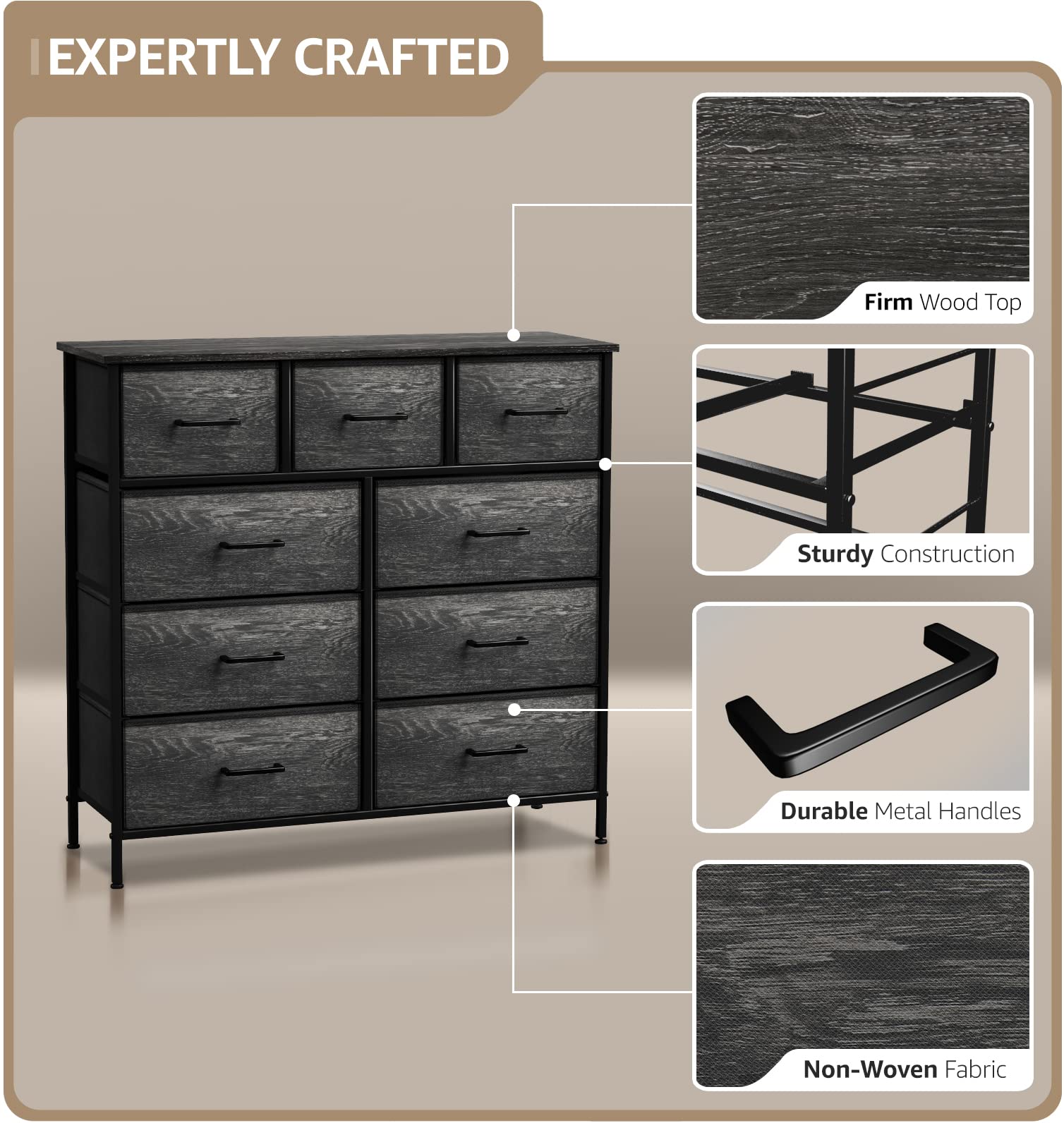 Sorbus Dresser with 9 Faux Wood Drawers - Storage Unit Organizer Chest for Clothes - Bedroom, Hallway, Living Room, Closet, & Dorm Furniture - Steel Frame, Wood Top, & Easy Pull Fabric Bins