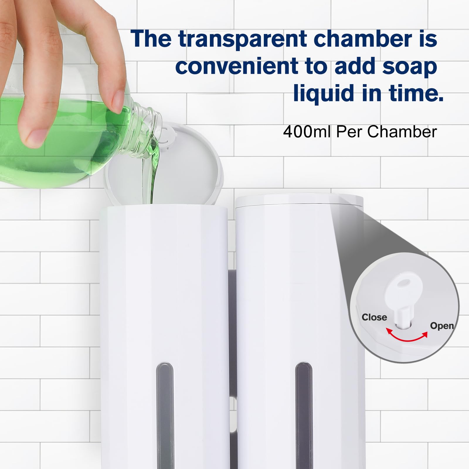 2 in 1 Chamber Soap Dispenser Trio Shower Gel Shampoo Conditioner with 3x400ml Refillable Bottles Wall Mount Holds Shampoo, Soap, Conditioner, Shower Gel, for Bathroom Kitchen