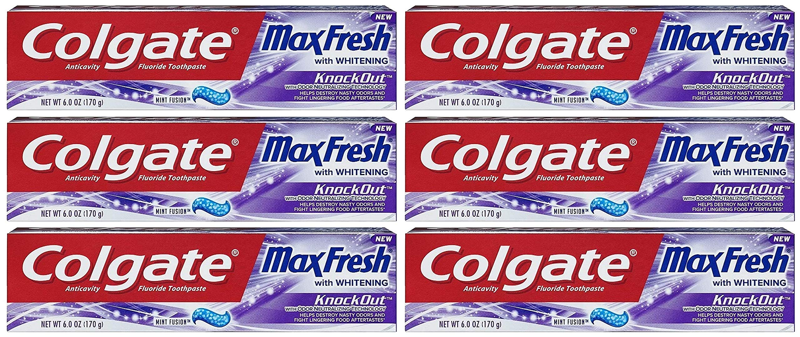 Colgate Max Fresh Toothpaste - KnockOut - With Odor Neutralizing Technology - Net Wt. 6 OZ (170 g) Per Tube - Pack of 6 Tubes
