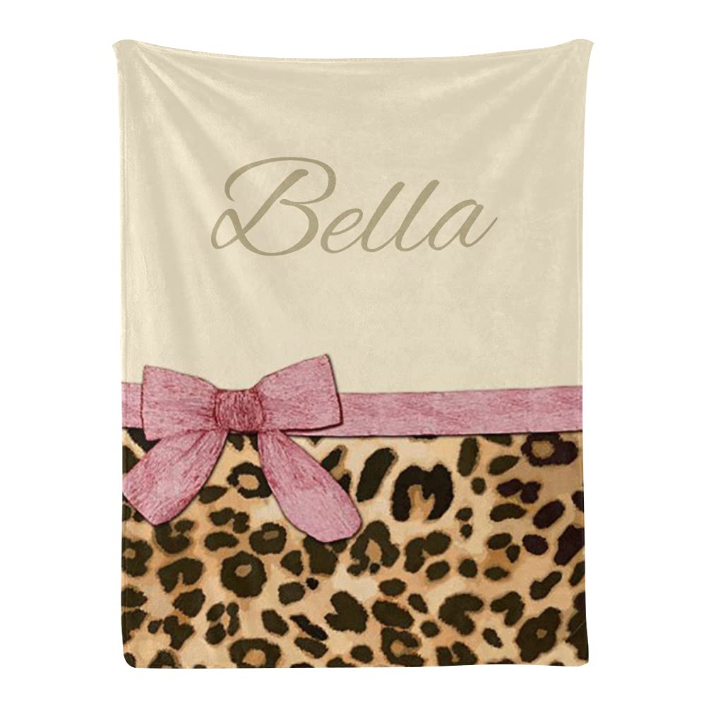 Leopard Print Baby Pink Bow Baby Blanket with Name Custom Personalized Super Soft Nursery Fleece Throw Blankets for Newborns Baby Shower Girls Kids Birthday Gift 30 X 40 inch