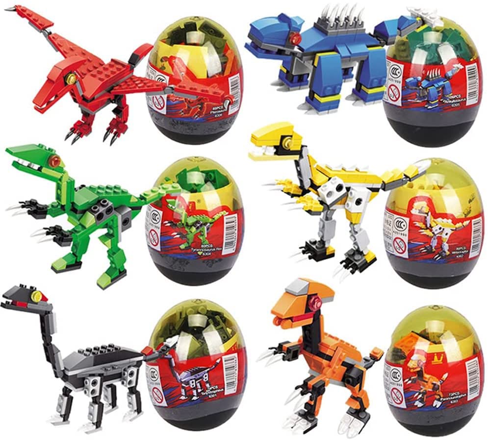 6pcs Easter Eggs Filled with Toys Dinosaur Building Blocks, Easter Basket Stuffers for Boys, Prefilled Plastic Easter Eggs for Easter Eggs Hunt, Easter Egg Fillers