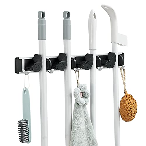 BOTAOSS Mop and Broom Holder Wall Mount, Broom Organizer Wall Mounted, Plastic Storage Organizer Hooks, for Home, Kitchen, Garden, Garage, Laundry(4 Racks 5 Hooks) (Black)
