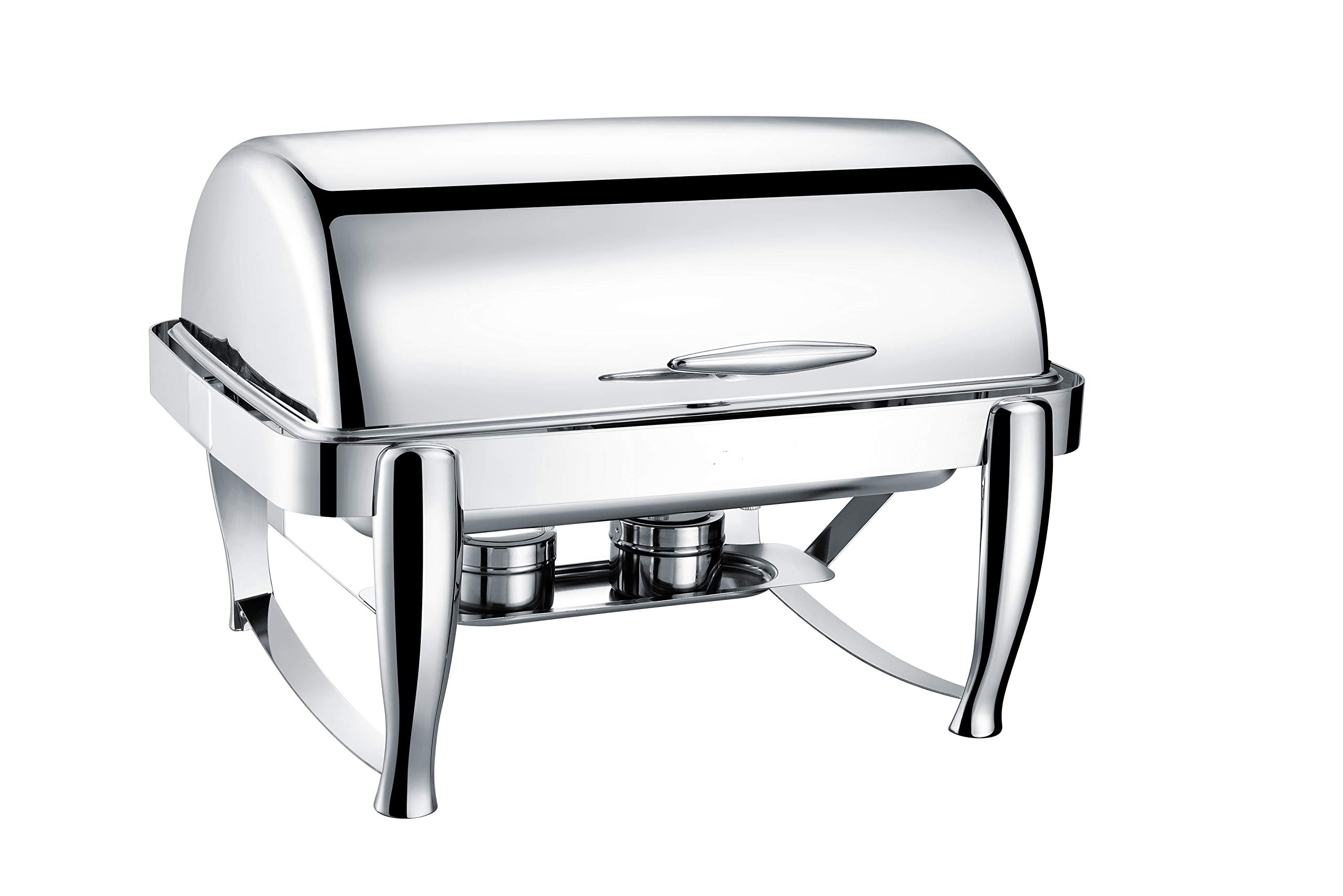 CHEFQ Virtuosa Stainless Steel Oblong 8QT Chafer, Roll-top Set Includes Food Pan, Water Pan and Fuel Holders – Durable, shiny silver, keeps food warm in catered events + CHEFS APRON