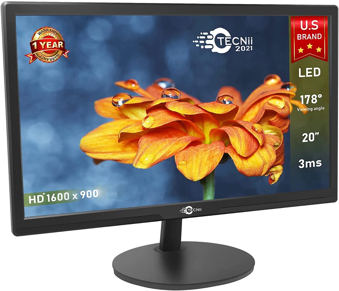 TECNII 20 Inch Widescreen LED Backlit LCD Desktop PC Monitor HD+ Resolution - 3ms Response Time - HDMI - VGA - for Home, Office - Black, TM200