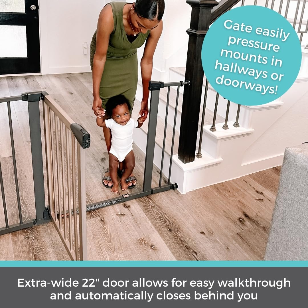 Toddleroo by North States Driftwood Extra Wide Auto Close Baby Gate: Self-Closing Child Gate with Hold-Open Feature. Pressure Mounted Baby Gate, Fits 29.75β to 52β Wide. (30" Tall, Graphite and Wood)