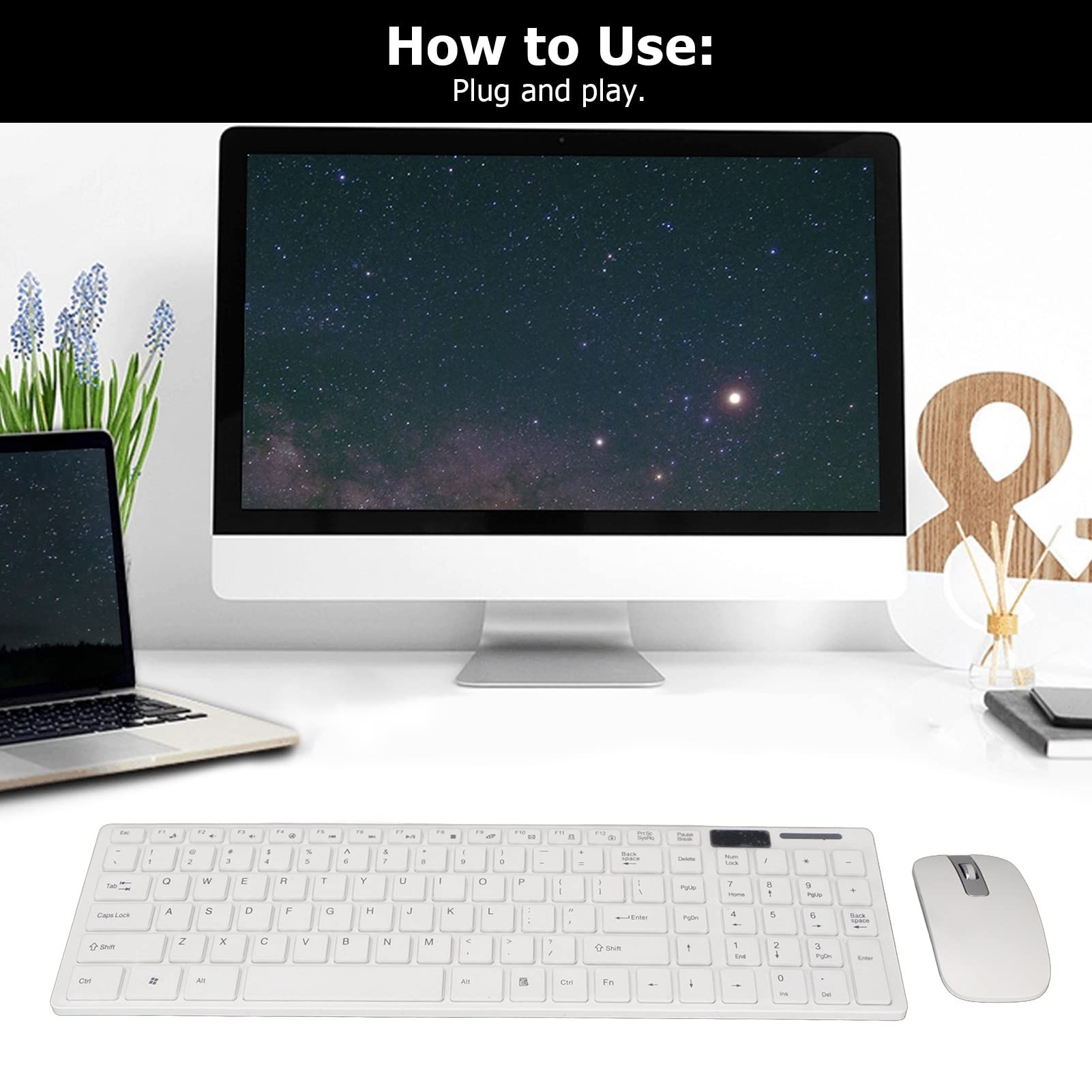 2.4GHz Keyboard Mouse Combo, 78 Keys Ultra Thin Computer Keyboards, Rechargeable Gaming Keyboard for Desktop, PC and Laptop, USB Receiver, Compact Full Size, White