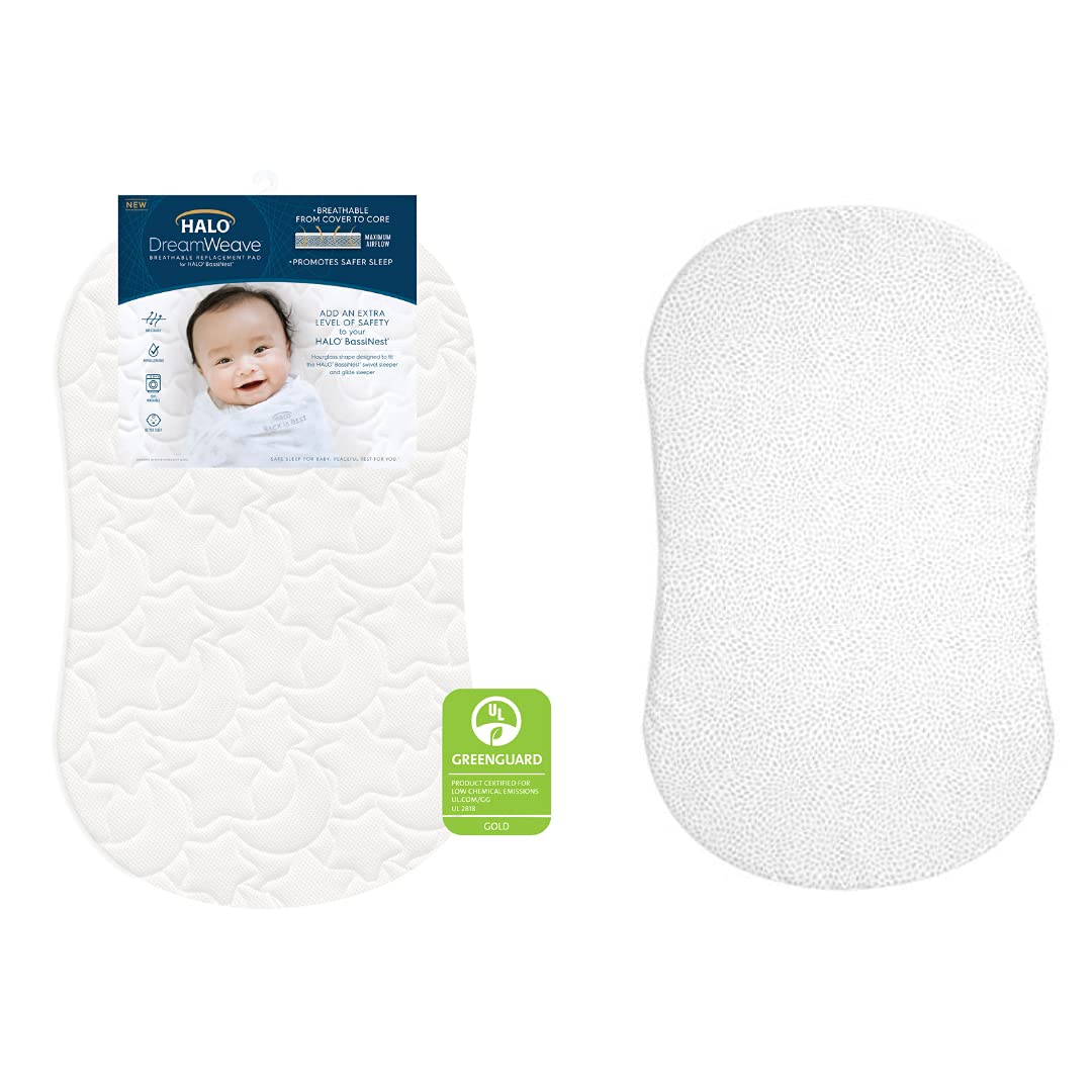 HALO DreamWeave Breathable Mesh BassiNest Mattress Replacement Pad and HALO BassiNest Fitted Sheet Pebble, Bundle