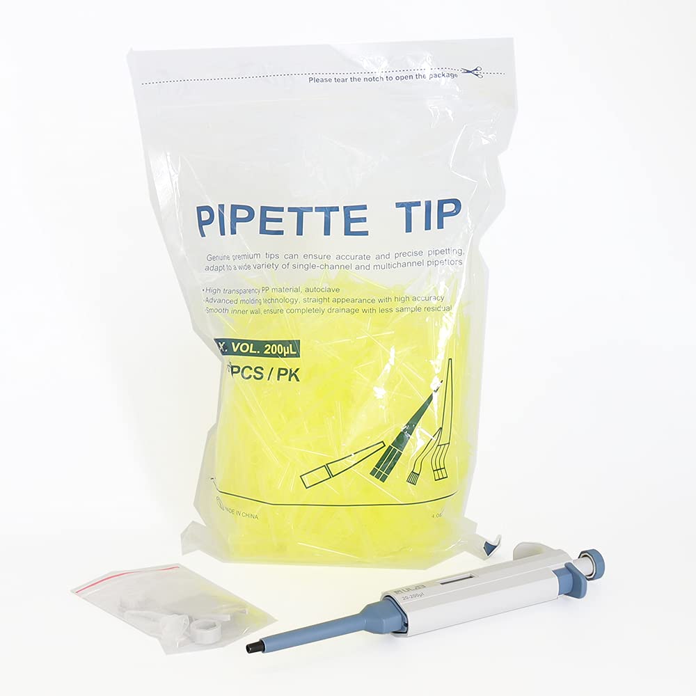 ULAB Single Channel Pipettor with Pipette Tips Offered, 1pc of Adjustable Volume Micro Pipette with Vol.Range.20-200μl, 1000pcs of Vol.200μl Pipette Tips in Yellow Color, ULH1020
