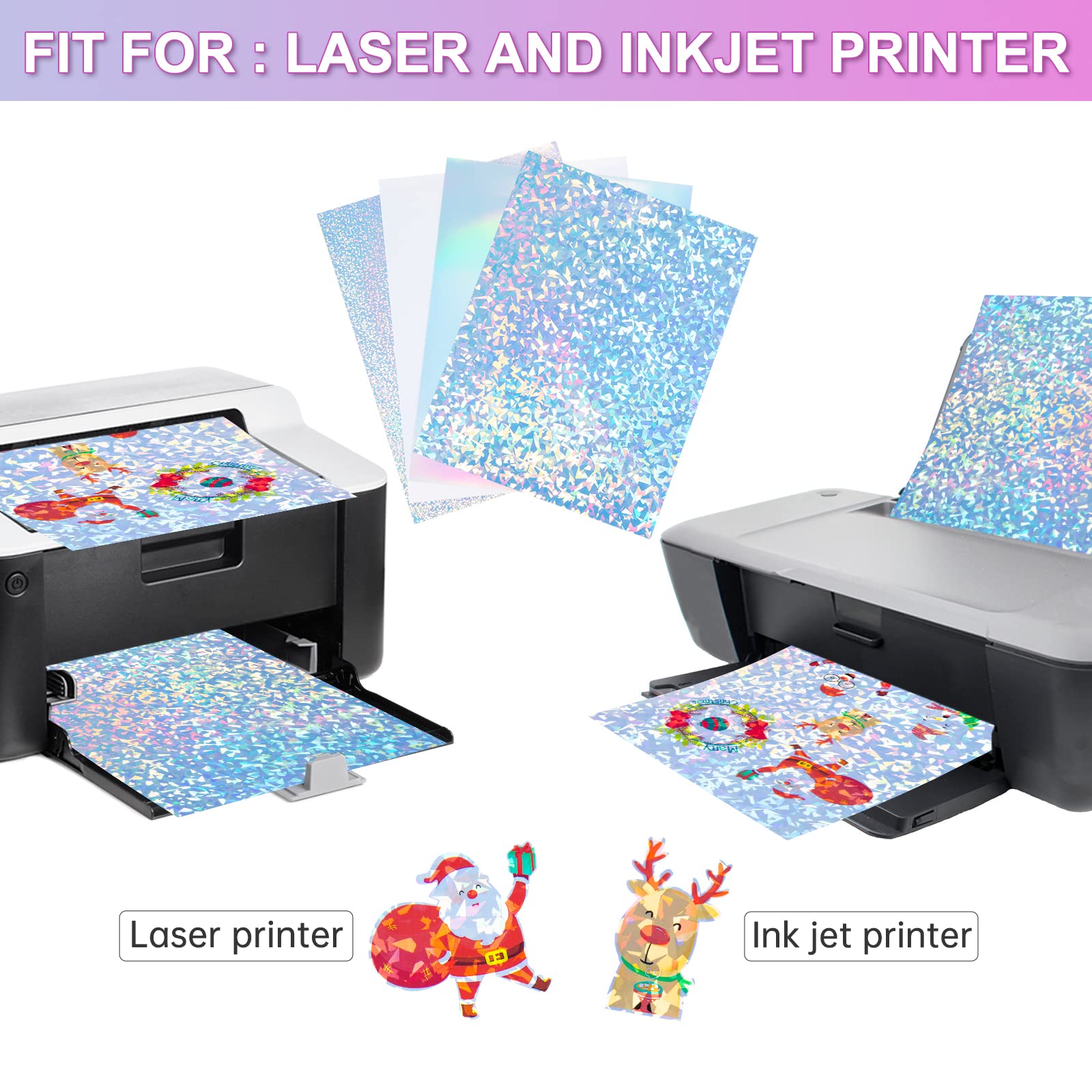 20 Sheets Holographic Sticker Paper for Inkjet & Laser Printer, Printable Vinyl Sticker Paper, Dries Quickly Sticker Paper Waterproof - 8.5x11 inch, Diamond/Rainbow/Dots/Transparent