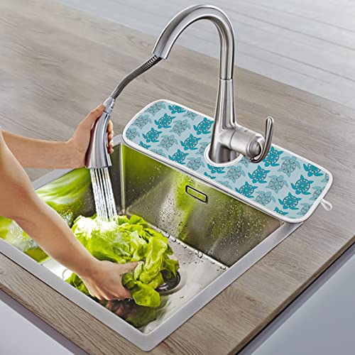 2 Pack Faucet Splash Guard for Sink,Sea Turtle Teal Seamless Washable Kitchen Faucet Absorbent Mat for Sink , Sink Mats and Protectors for Kitchen, Faucet Splash Catcher for Bar