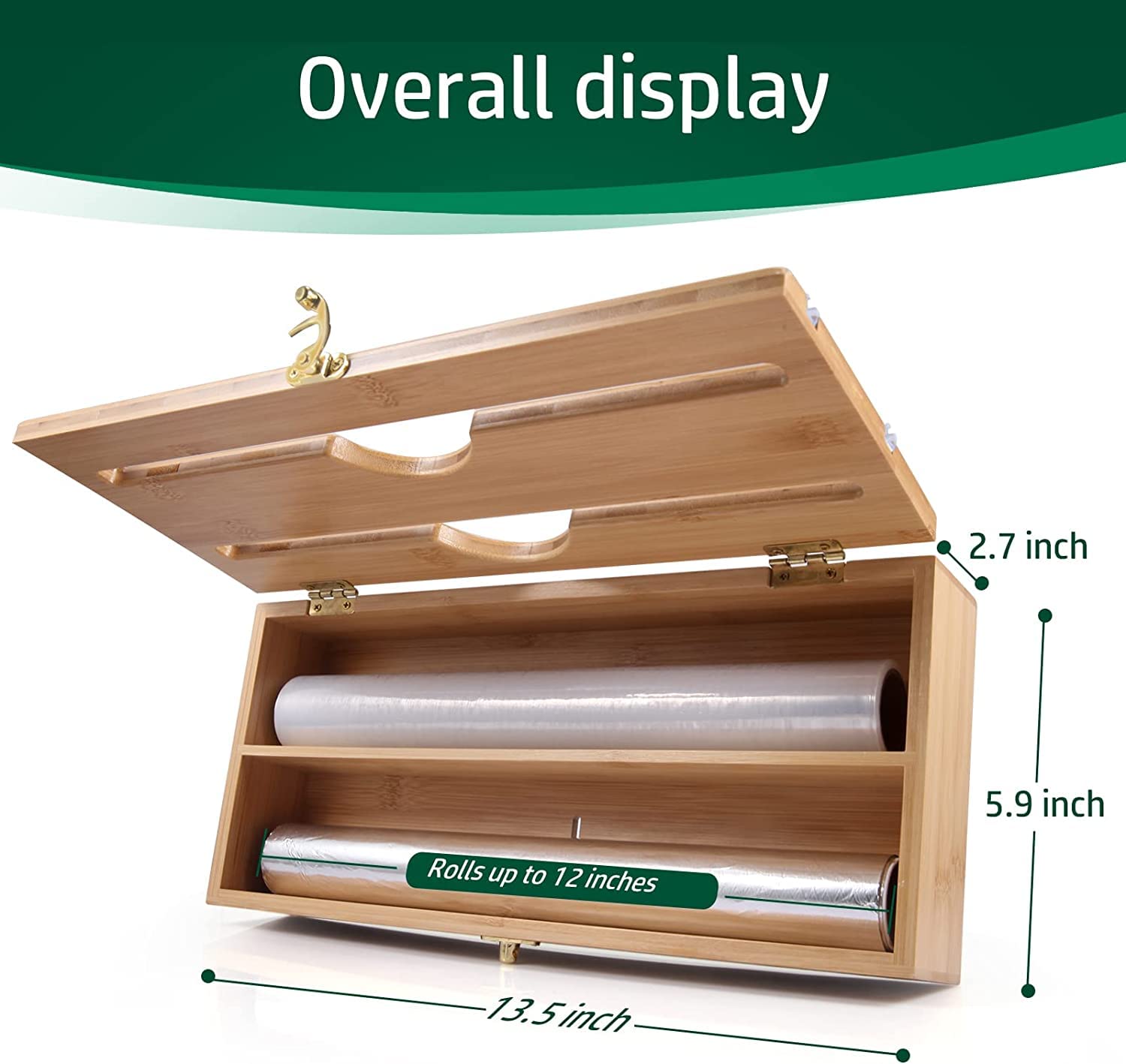 2 in 1 Food Wrap Organizer with Cutter, Bamboo Wrap Dispenser for Aluminum Foil, Wax Paper, Plastic Wrap, Wall Mounted or Kitchen Drawer Organization and Storage Holder,Max for 12" Roll