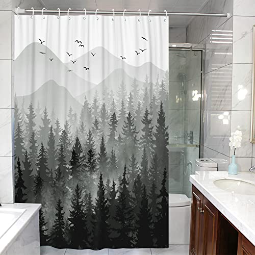 Accnicc Black and White Misty Forest Shower Curtain Set Grey Gray Ombre Waterproof Fabric Shower Curtains Nature Tree Mountain Woodland Decorative Bathroom Bath Curtain Decor (72'' × 72'', Black)